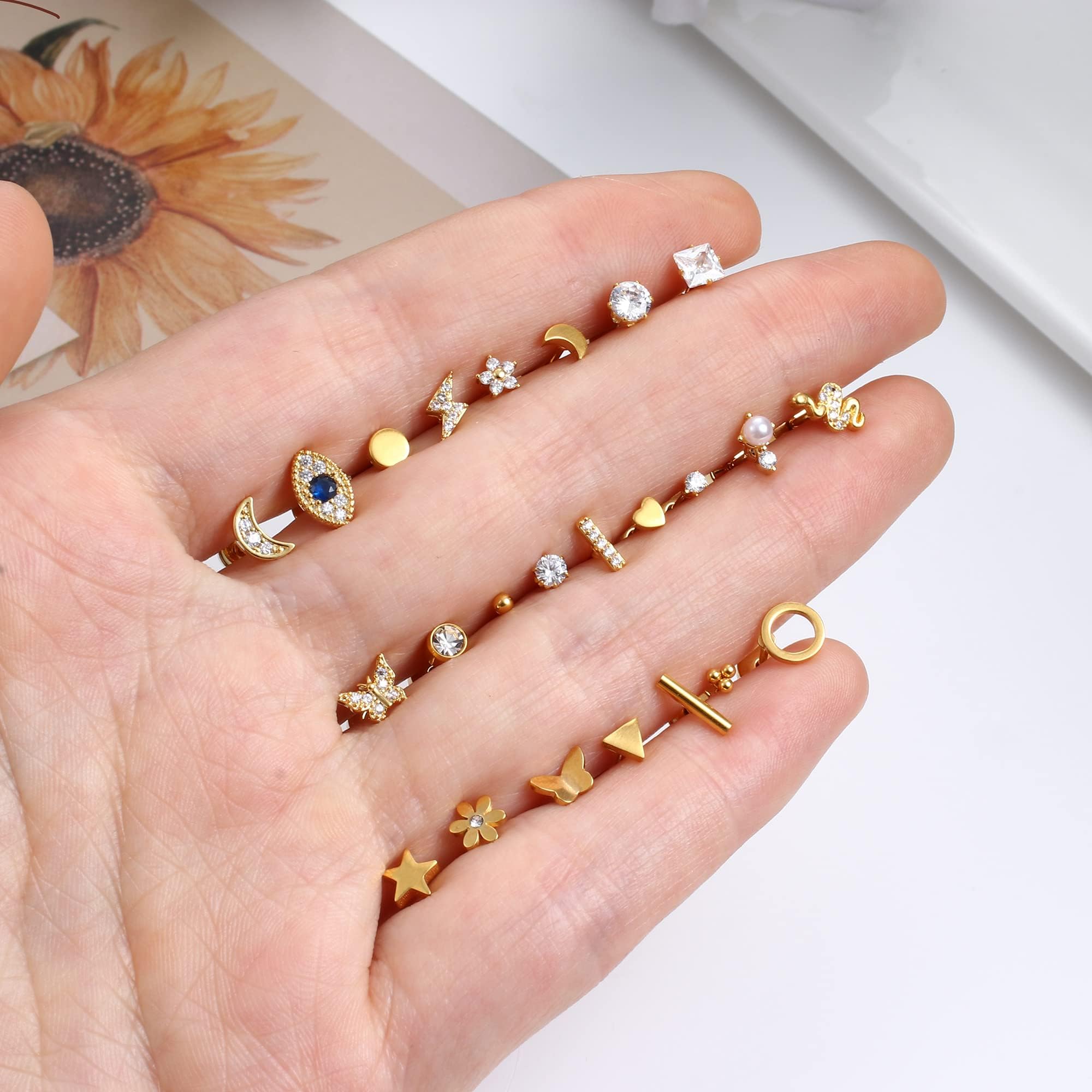 Thunaraz 24Pcs Surgical Steel Stud Earrings for Women Men 20G Tiny Cartilage Earrings Stud Small Snake Moon Star Butterfly Flower Hypoallergenic Screwback Flat Back Stud Earrings Piercing Jewelry