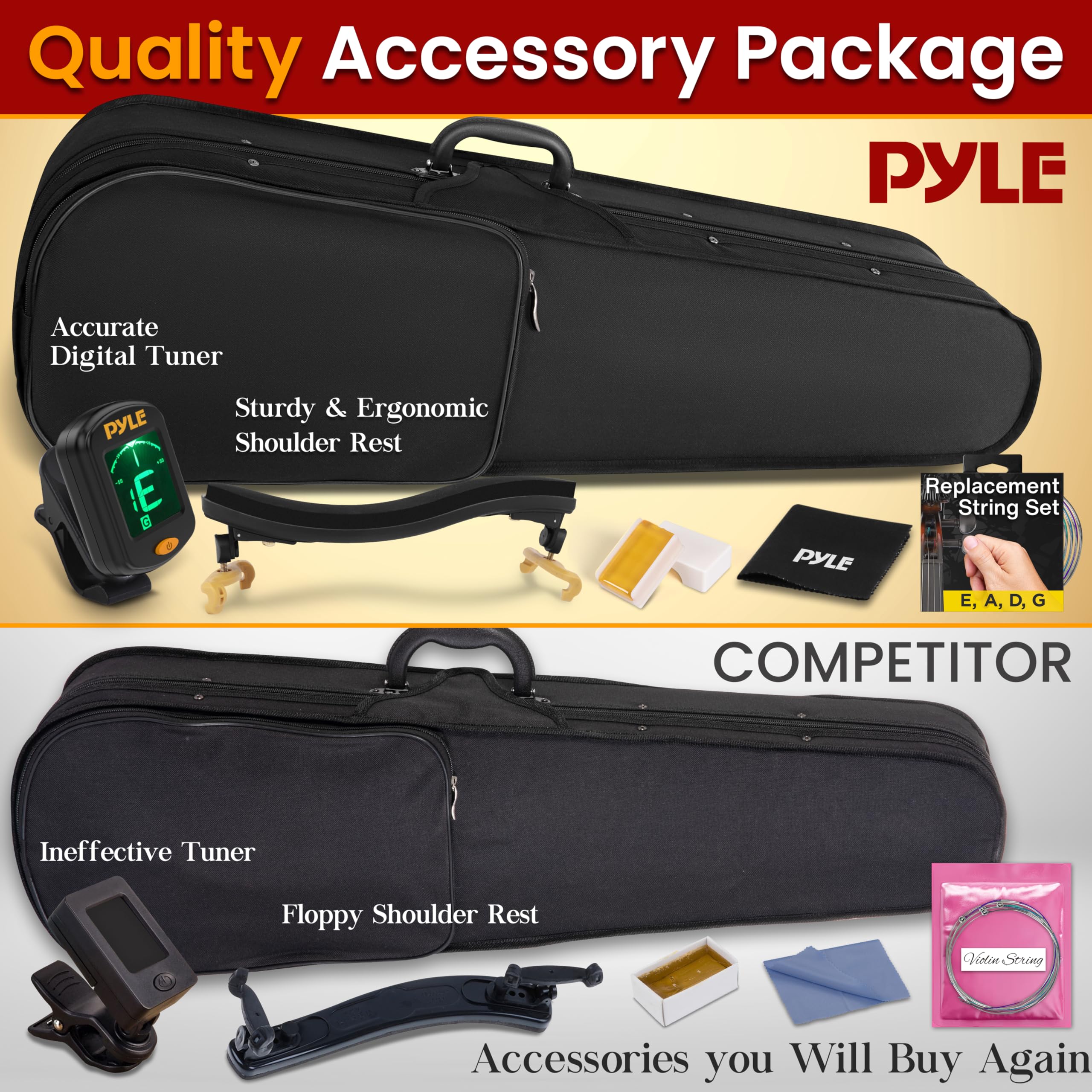 Pyle 1/4 Size Beginner Violin Starter Kit, Violin Starter Package with Travel Case & Bow, Extra Strings, Digital Tuner, Shoulder Rest & Cleaning Cloth for Students, Kids, Adults