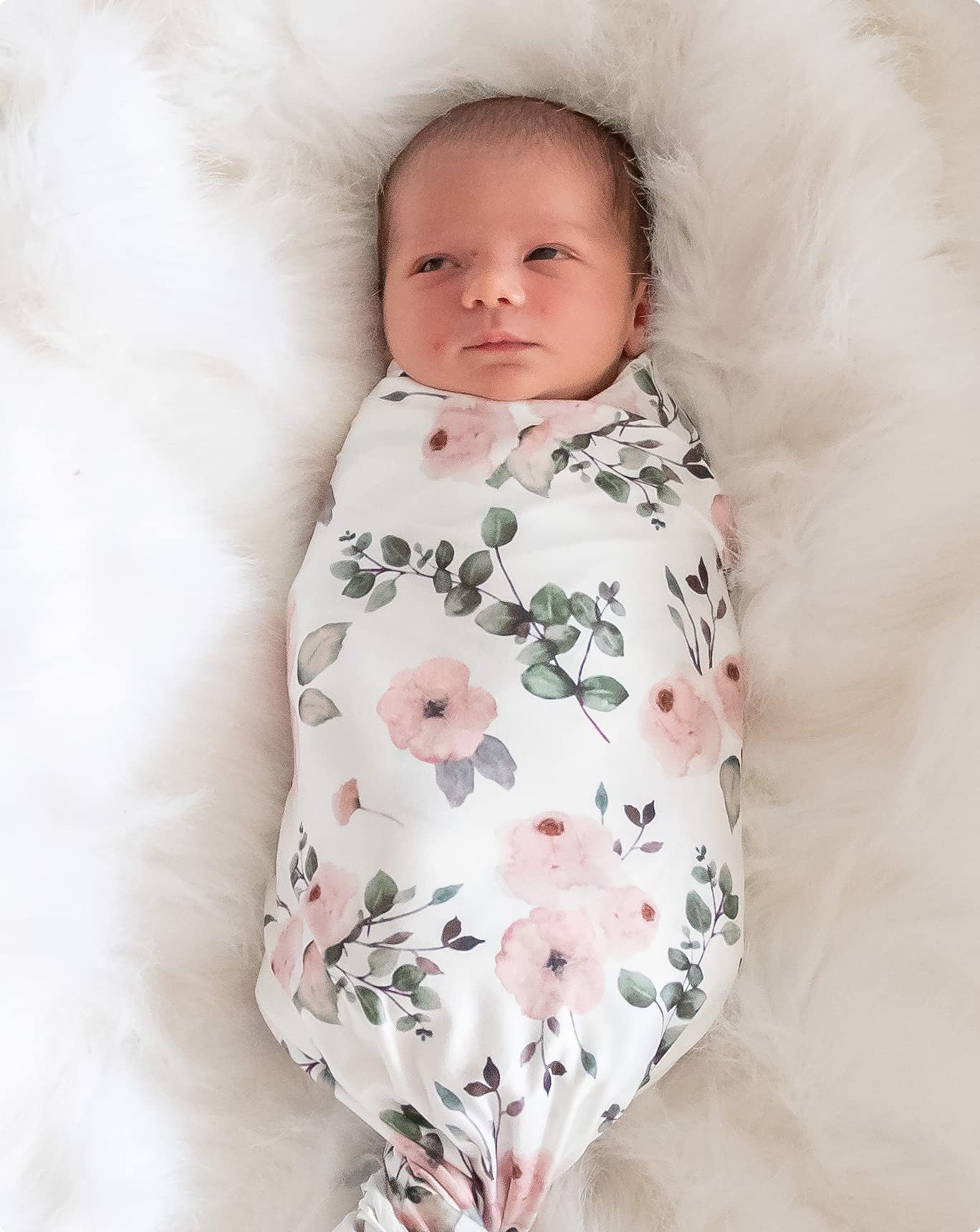 Vollmic Newborn Baby Girl Receiving Blanket Swaddle Blanket Stretchy Knit Swaddle Set with Matching Headband (Pink&Green)