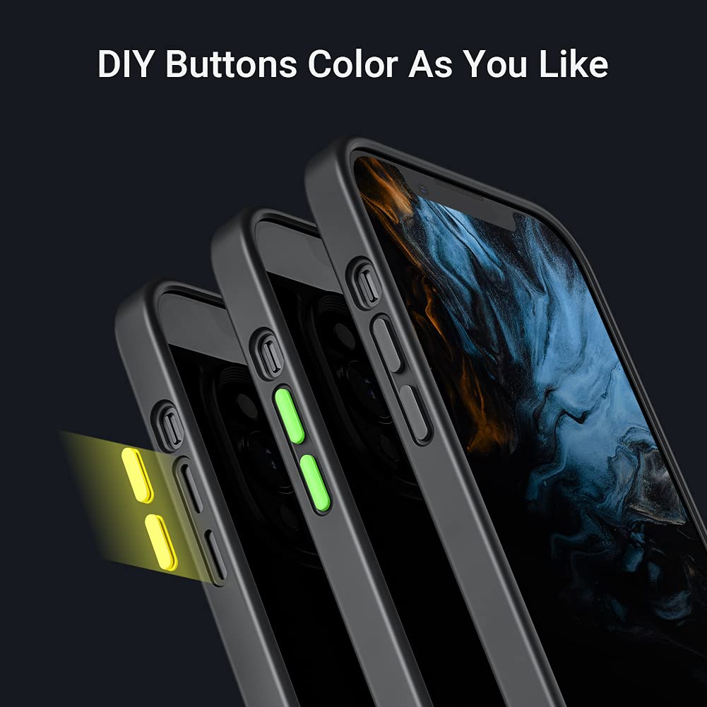 yootech Shockproof Compatible with iPhone 13 Pro Max Case 6.7 inch DIY Button Colors, Translucent Matte Hard PC Back & Soft Silicone Edges Slim Phone Case (Black)