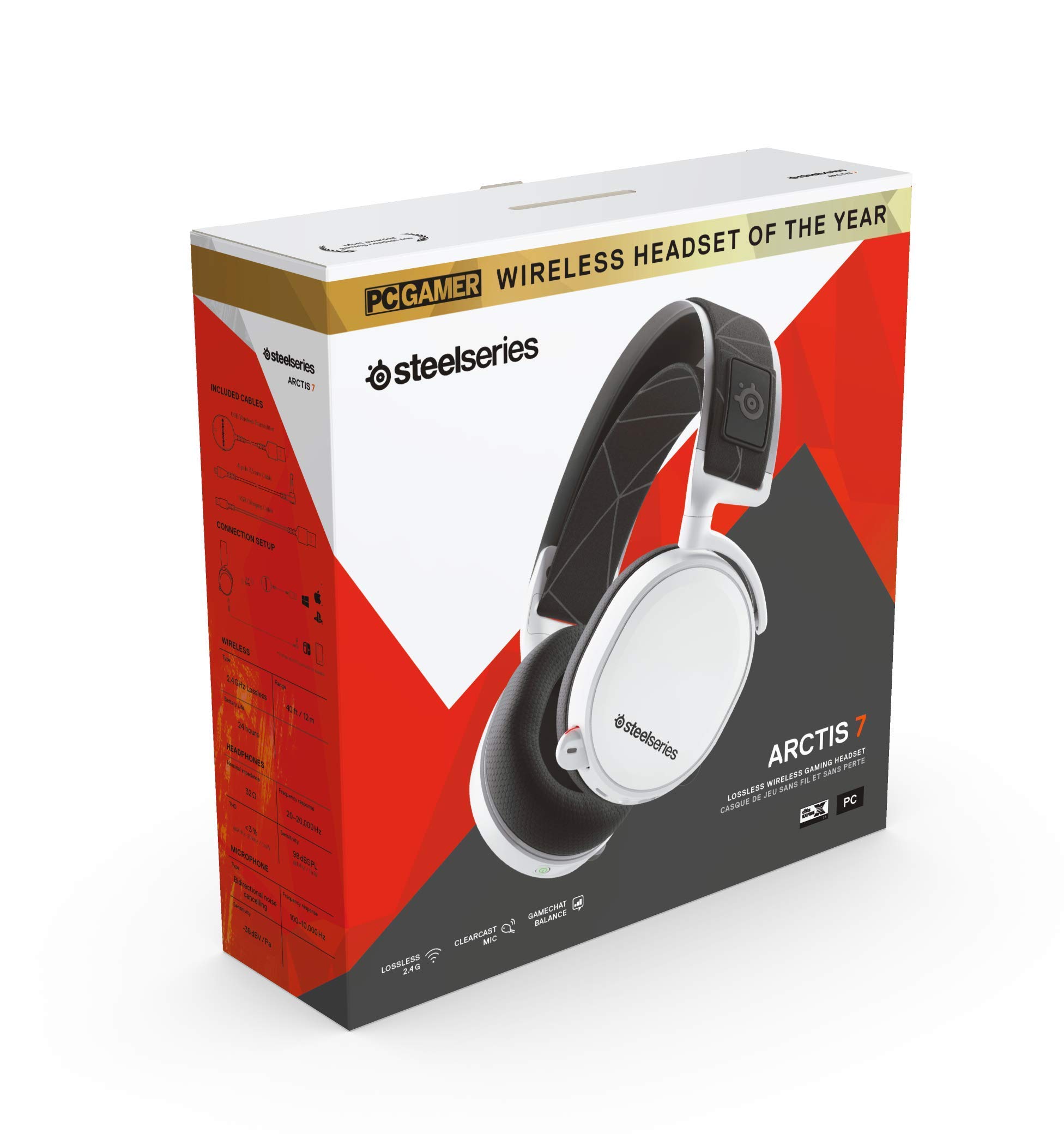 SteelSeries Arctis 7 (2019 Edition) Lossless Wireless Gaming Headset with DTS Headphone:X v2.0 Surround for PC and PlayStation 4 - White (Renewed)