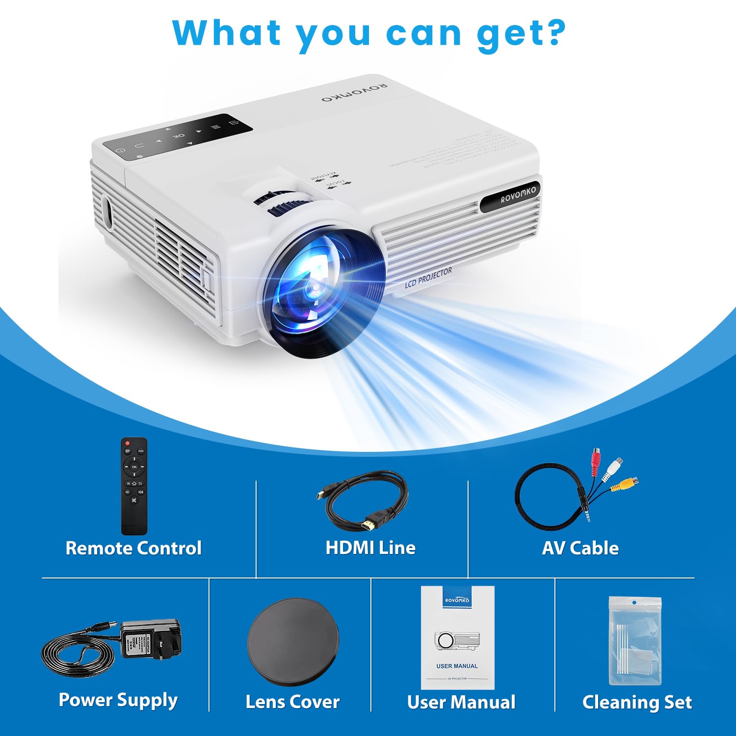 Projector 4K Full HD 1080P Supported 10000 lumens Max 300”Projection Screen Keystone 25% Zoom 2023 Upgraded Mini Touchscreen Compatible with Smartphone/Tablet/TV Stick/HDMI/USB/AV