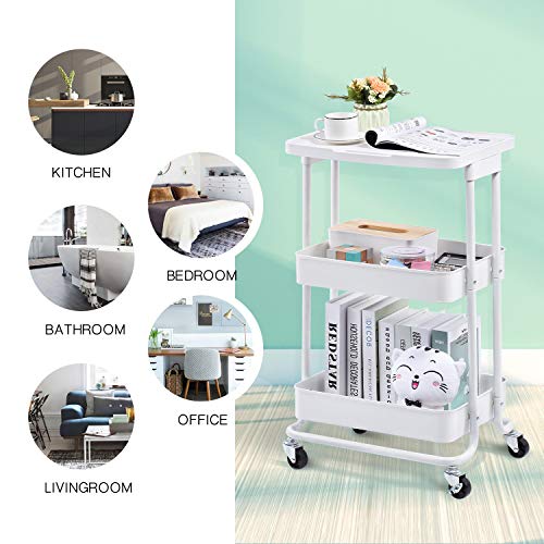 TOOLF 3-Tier Metal Rolling Storage Cart with Plastic Tabletop, 3-Tier Metal Serving Rolling Cart with Contral Handle,Trolley Organizer with Locking Wheels for Library Office Classroom Home Dedroom