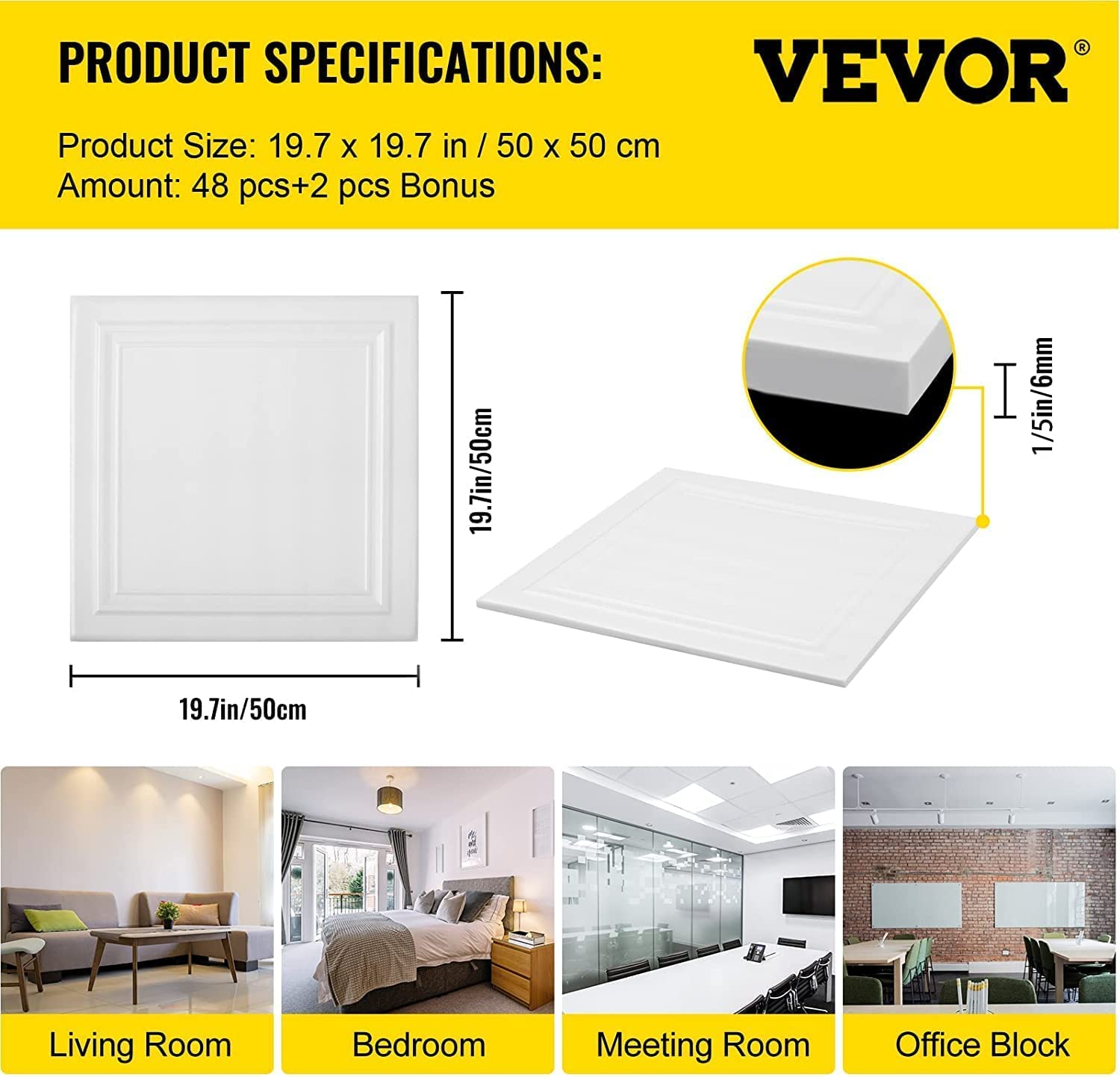 VEVOR Foam Ceiling Tiles, 19.7" x 19.7" Glue-up Ceiling Tiles, 100 pcs Lightweight Ceiling Tiles, 270 sq. ft Paintable Ceiling Tiles, 1/5" Thick Lay-in Ceiling Tile Pack for Roof and Wall Decoration