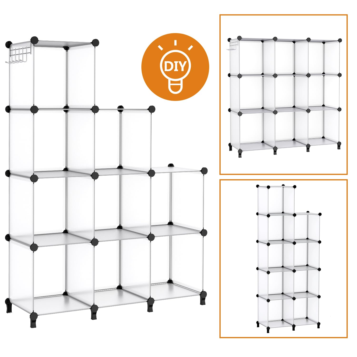 ROJASOP Cube Storage Organizer, 9-Cube Storage Shelf Bookshelf DIY Stackable Cubby Shelving with Hooks, Plastic Cube Organizer Shelf for Closet, Bedroom, Living Room, Office, Black