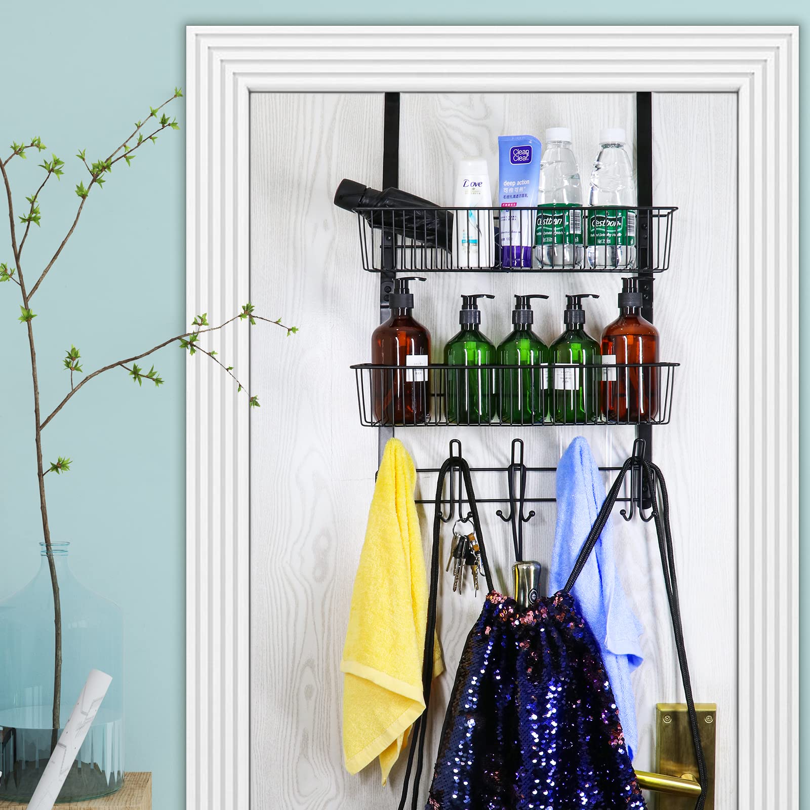 REFLYING Over The Door Organizer Hanger, Door Hanger Towel Rack 15 Hooks with 2 Mesh Basket, Over Door Bathroom Organizer,Hooks Hanger Shelf