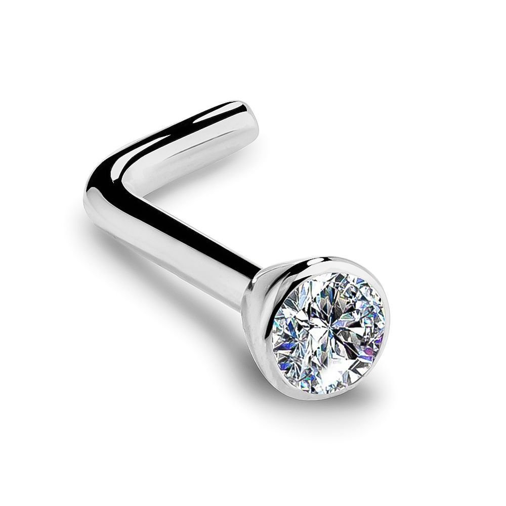 SI1 2mm 0.03ct. t.w. Diamond Flush Bezel Set Diamond 14K White Gold L-Shape Nose Ring 20G