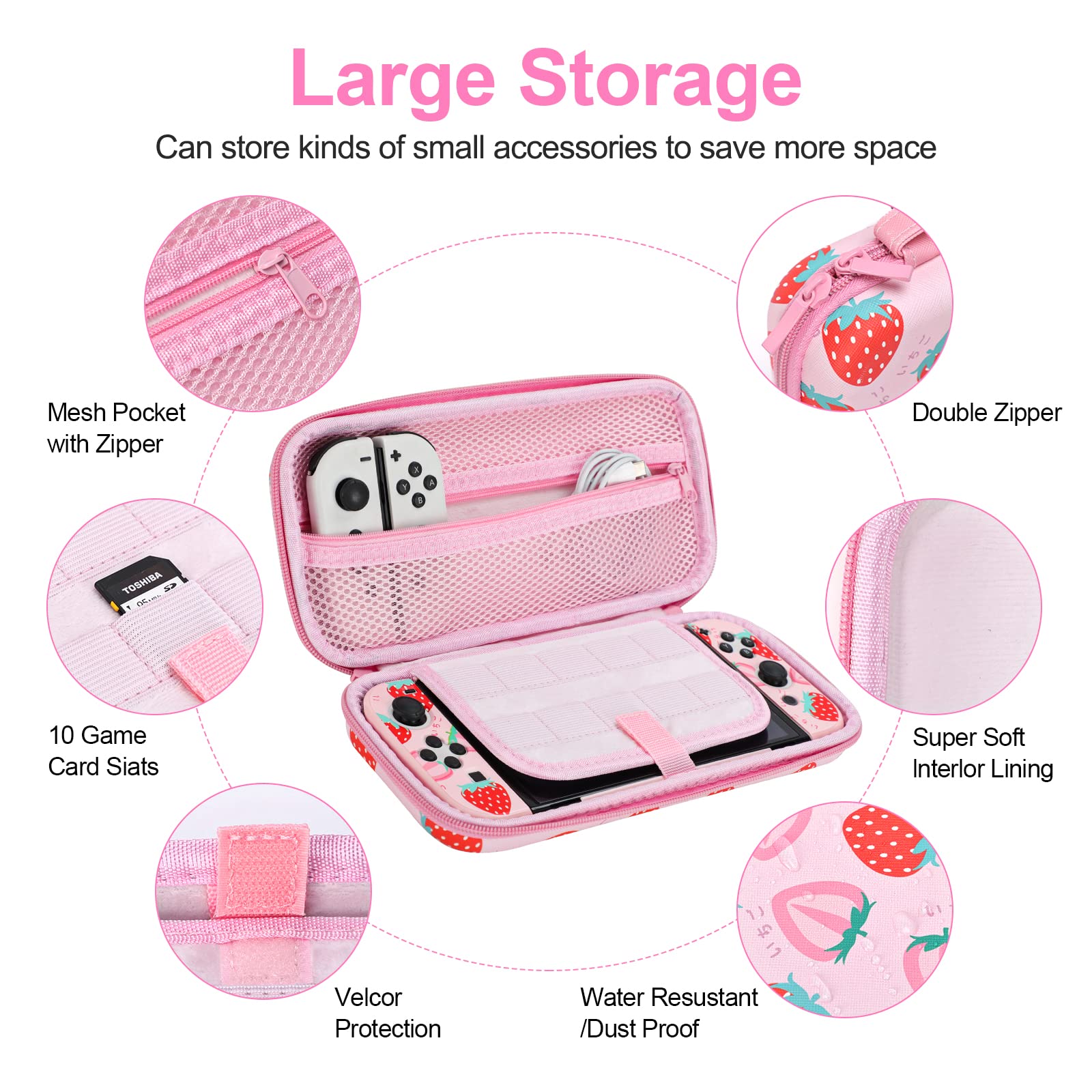WELWEL Welwel Strawberry Carrying Case and Protective Case Compatible with Switch(OLED Model), switch accessories-Adjustable Strap, Screen Protectors, Thumb Grip caps, pink