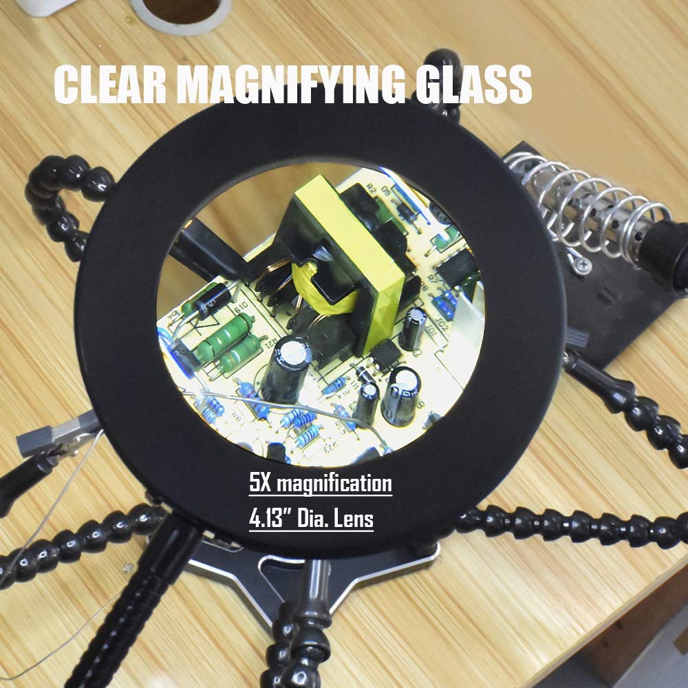 Toolour 5X LED Magnifying Glass Light Clamp Desk Lamp, 3 Modes & 10 Dimming, Large Magnifier Lens and 360° Flexible Gooseneck Arms for Home Workshop, Reading, Close Work, Rework Soldering & Pro Tasks