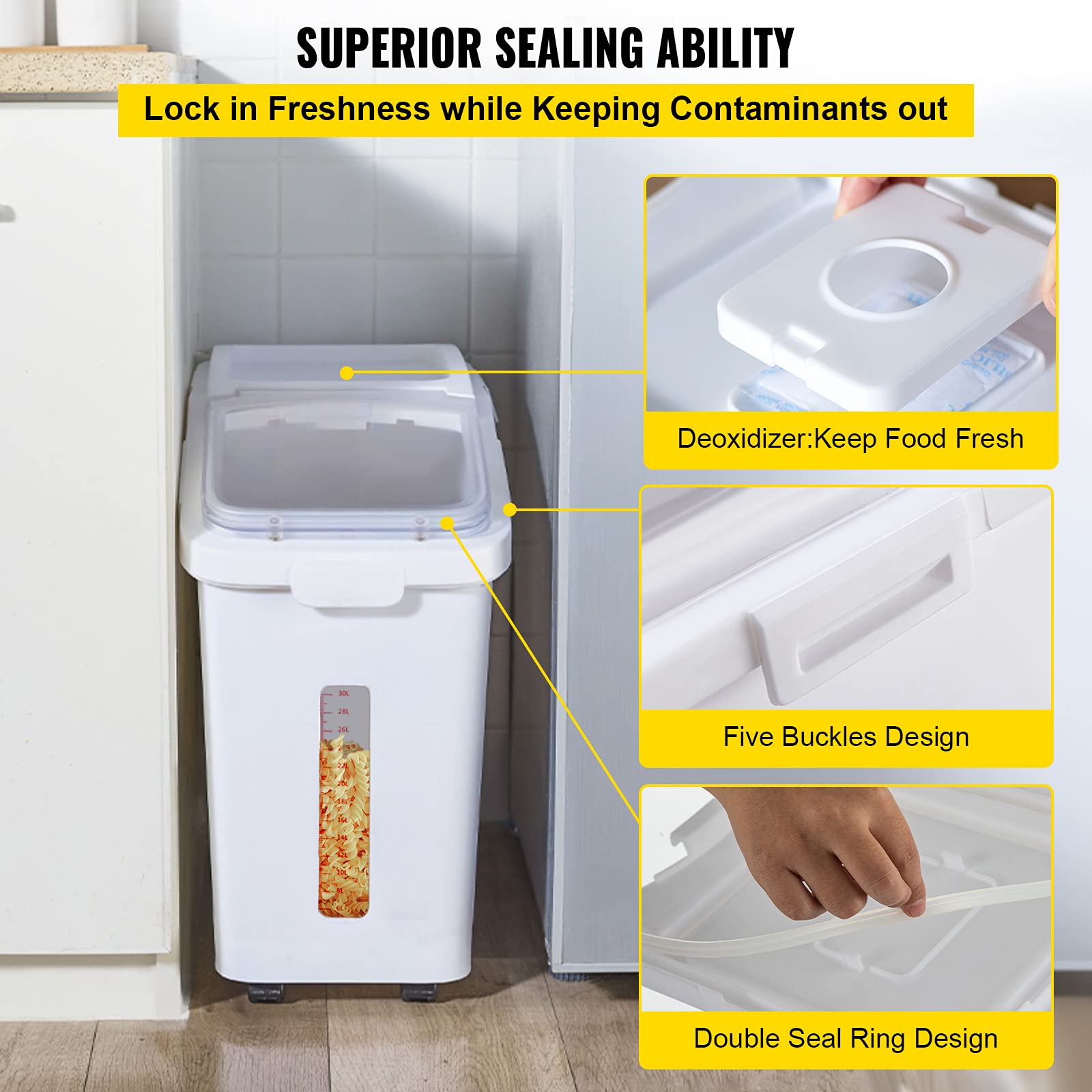 VEVOR Ingredient Storage Bin, 11.4+5.8+3.4 Gal Capacity Shelf Ingredient Bin, 500 Cup Flour Bins on Wheels Commercial Prosave Ingredient Bin with Lid and Scoop Rice Bin for Kitchen White