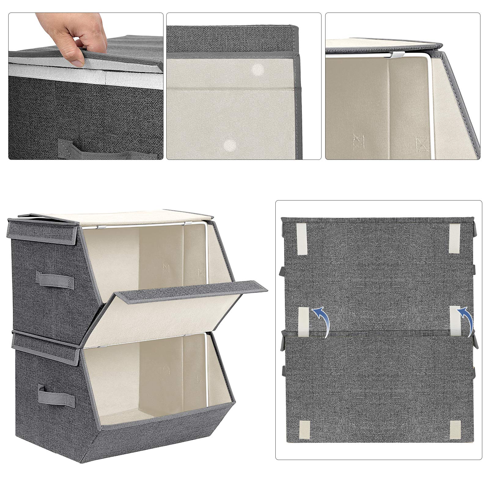SONGMICS Stackable Storage Bins Set of 2, Storage Boxes with Lids, Non-Woven Fabric Closet Organizers with Magnetic Closures, Side Handles, Dark Gray URYLB02GV1