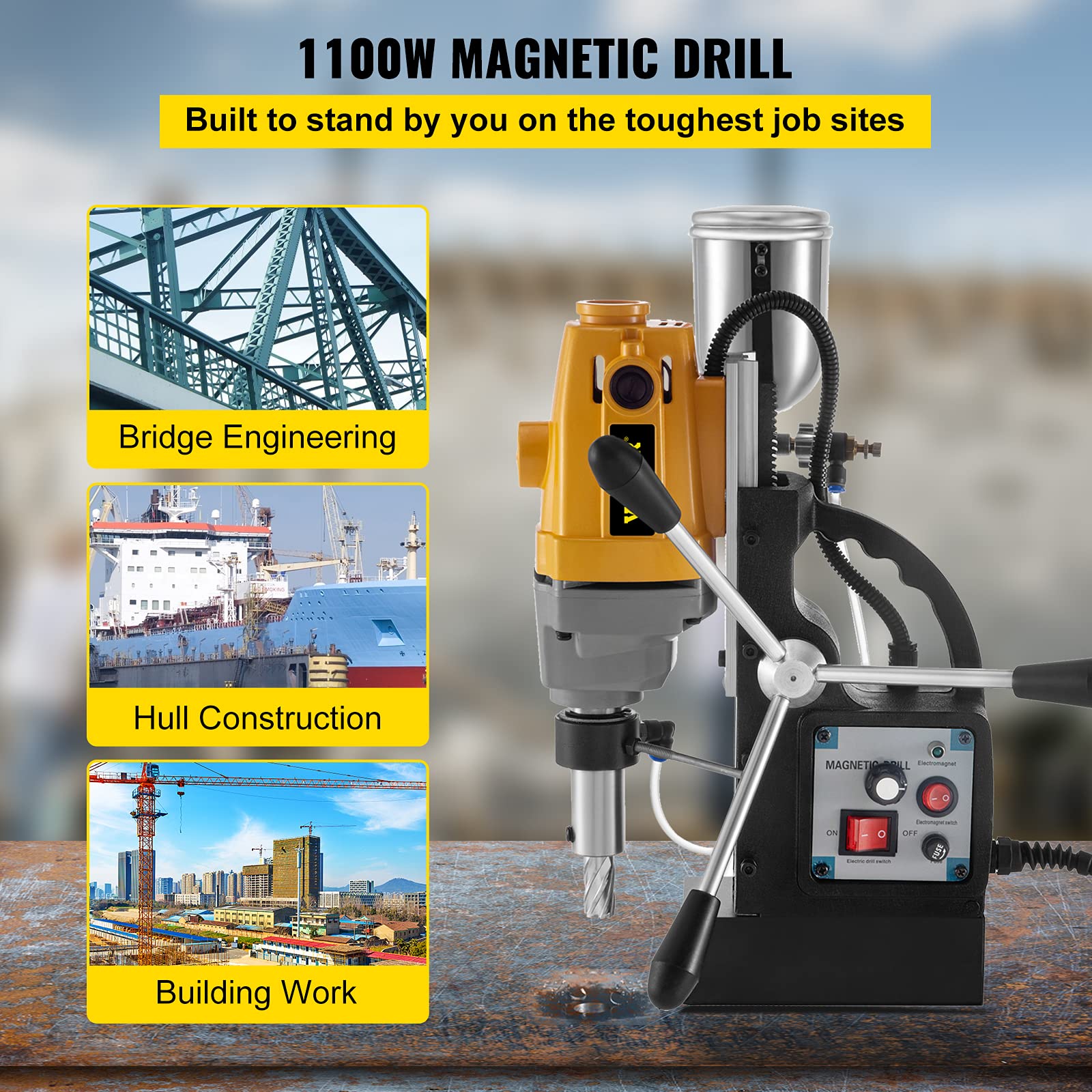 VEVOR Mag Drill, 200-550RPM Stepless Speed Electromagnetic Drill Press, 2.16" Depth 1.57" Dia Magnetic Core Drill, 2700LBS Boring Tool Drill Press, 1100W Drill Press, 11 PCS HSS Annular Cutter Kit