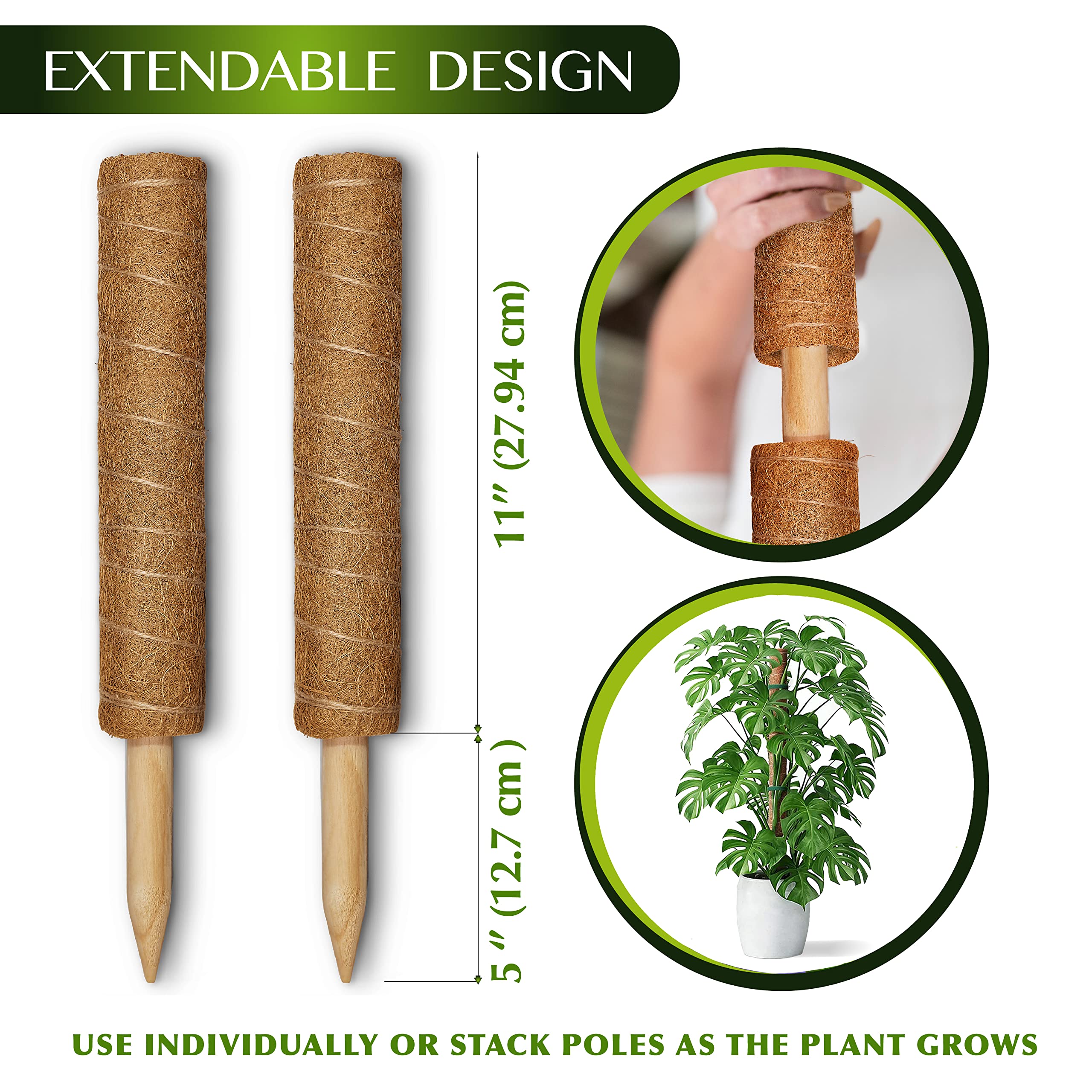 Voorjaar Moss Poles for Climbing Plants Monstera, 27 Inches 2 Pcs Indoor Plant Stakes to Support Upward Growth - Extendable 16" Coco Coir Poles with 4 Jute Strings and 10 Plant Labels