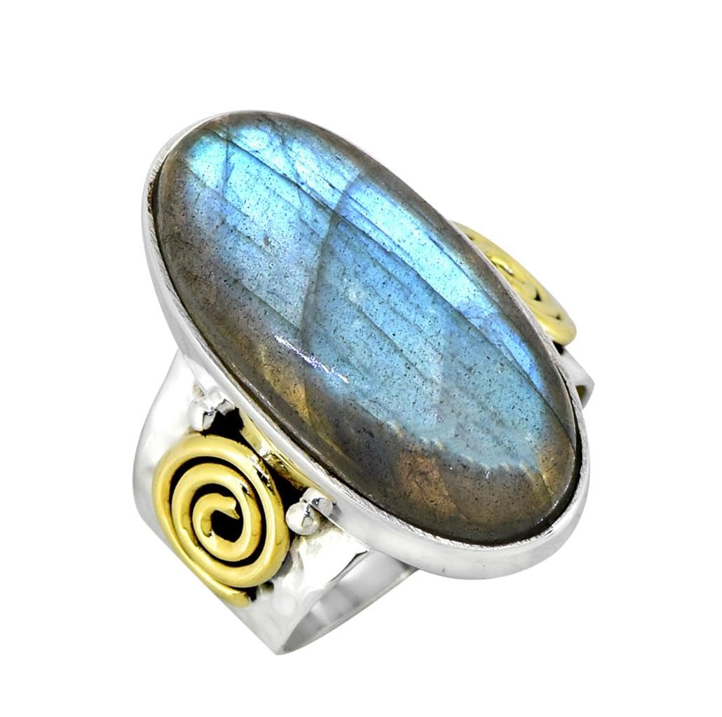 YoTreasure Natural Labradorite 925 Sterling Silver Brass Bold Ring Jewelry