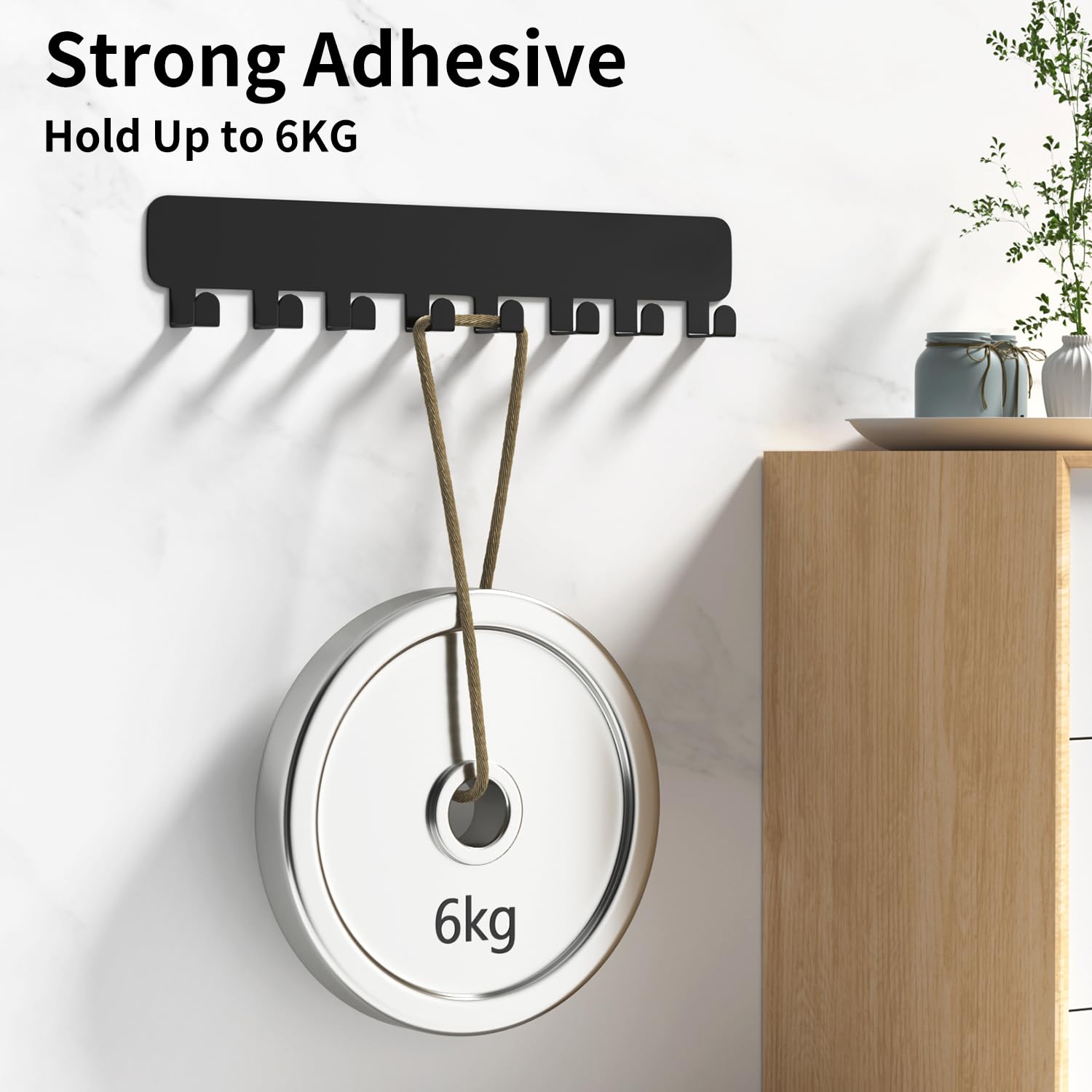 pickpiff 2 Pack Key Holder for Wall Adhesive, Key Hooks with 8 Hooks Wall Mounted, Black Key Hangers for Wall Decor No Drill for Living Room, Kitchen, Office