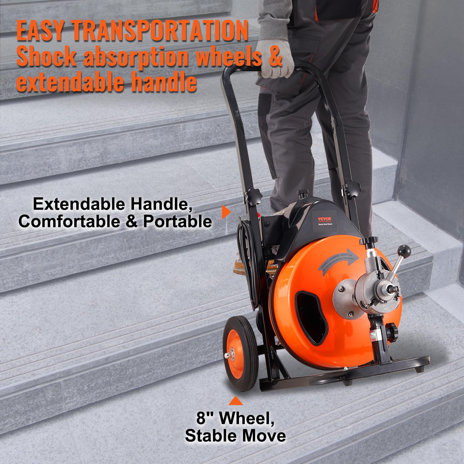 VEVOR Sewer Snake Machine 50FTx1/2Inch, Drain Cleaning Machine with 4 Wheels, Electri Drain Auger 4 Cutters & Foot Switch for 1''- 4''Pipes