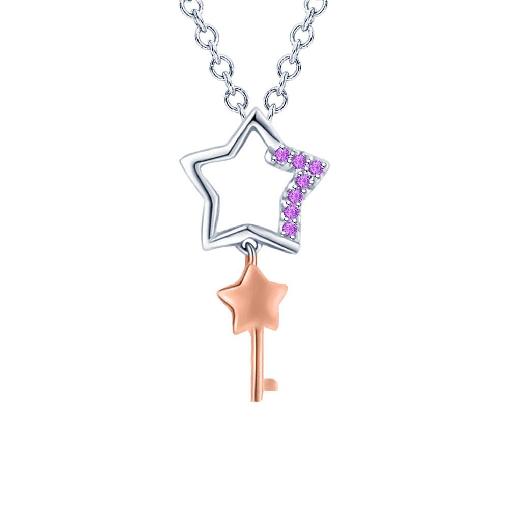 RUDRAFASHION Round Cut Two Tone Amethyst 14k White & Rose Gold Plated Star Pendant with Star Shiny Key Charm.