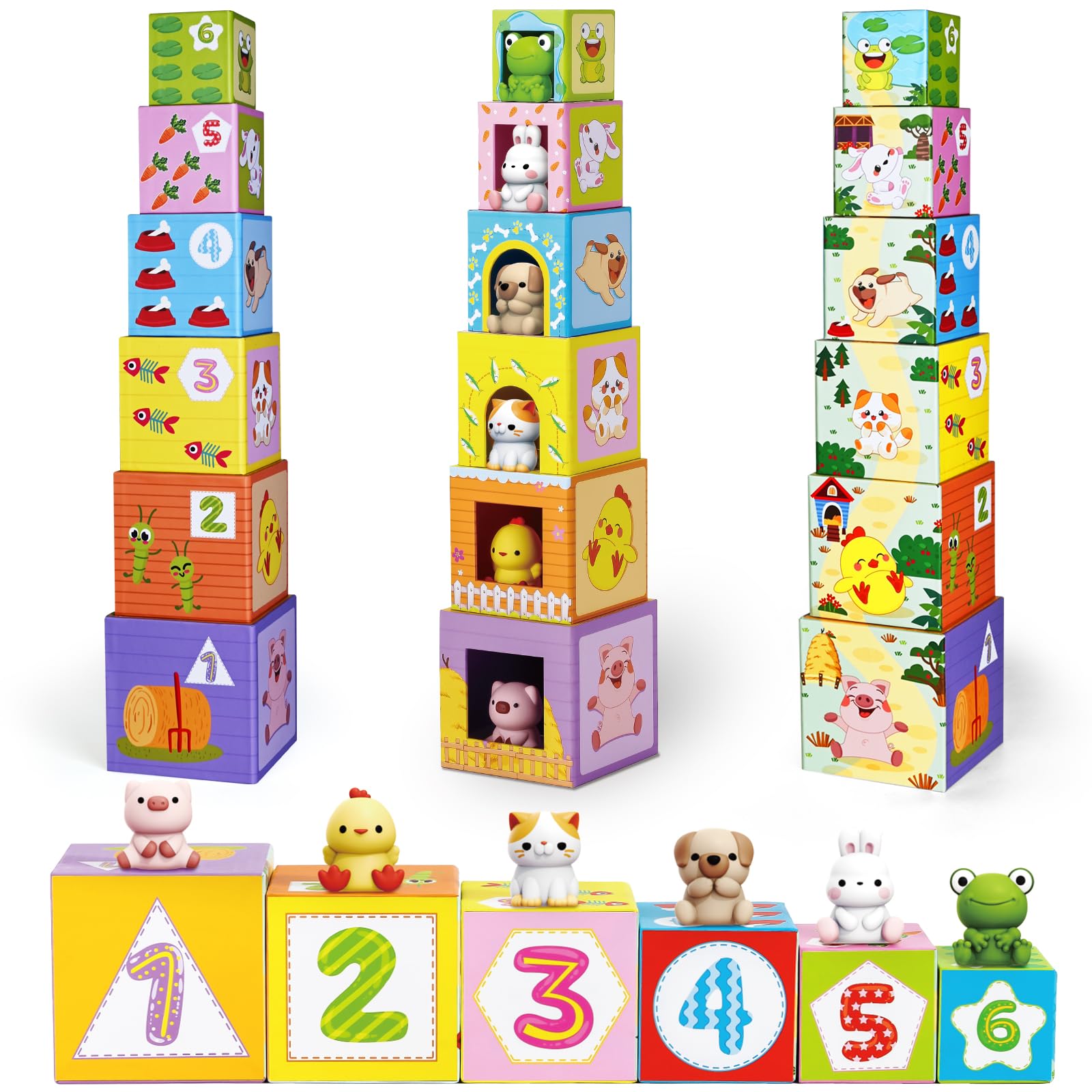 ShyLizard Toddler Farm Animal Sorting and Stacking Toys, Nesting Boxes and Blocks With Finger Puppets - Gifts for 1-3 Year Olds