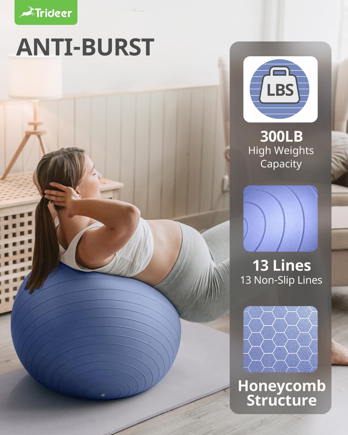 Trideer Yoga Ball - Exercise Ball for Workout pilates Stability - Anti-Burst and Slip Resistant for physical therapy, Birthing, Stretching & Core Workout, Office Ball Chair, Flexible Seating, Home Gym