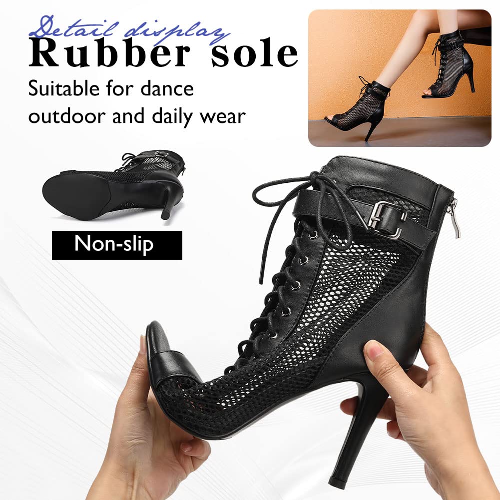 VCIXXVCE Women's Dance Heel Booties High Heels Black Peep Toe Ballroom Heels 4 Inch Dance Shoes Latin Salsa Zipper Dancing Shoes, 8 US