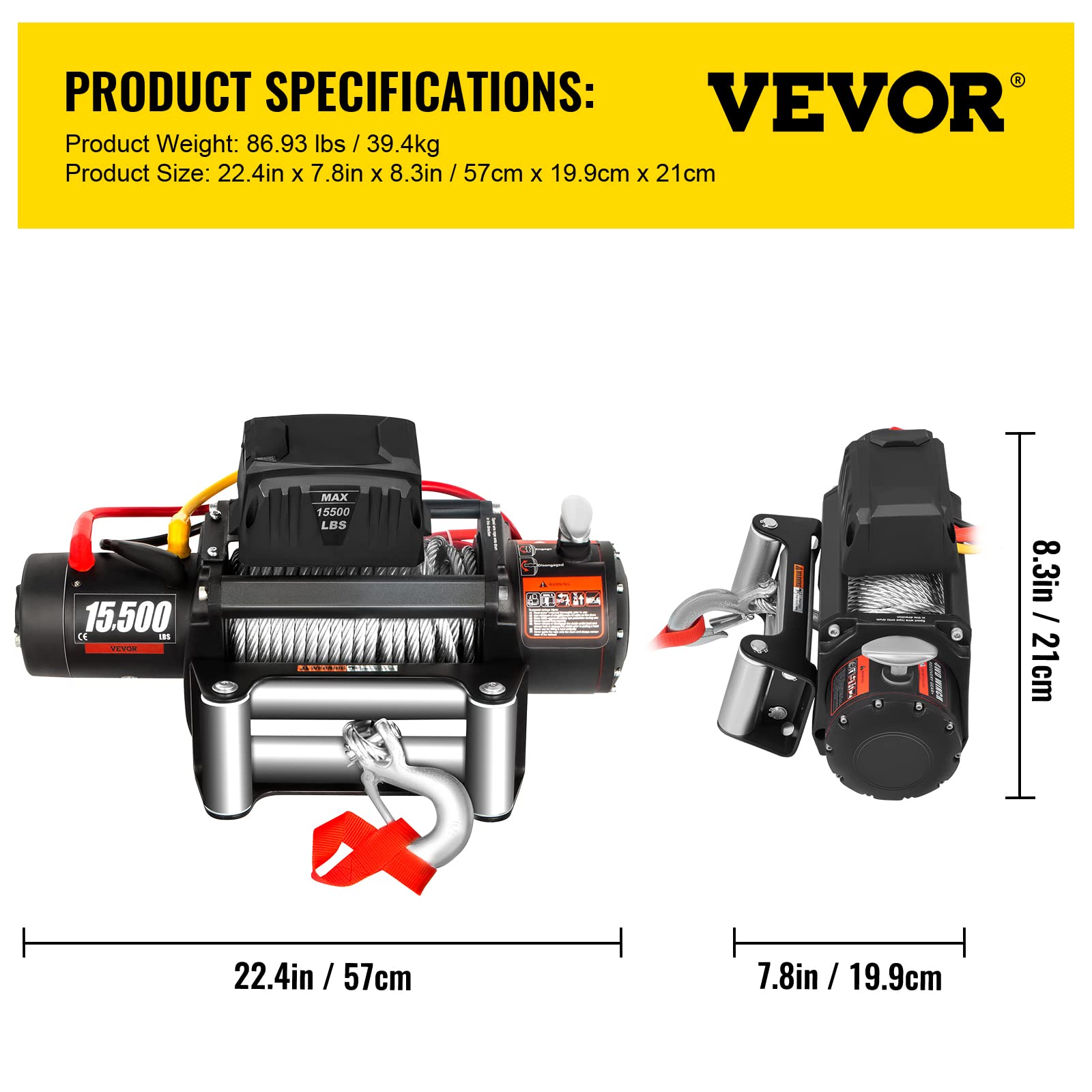 VEVOR Truck Winch 15500lb Load Capacity Cable Steel with Wireless Remote Control 12V Waterproof IP67