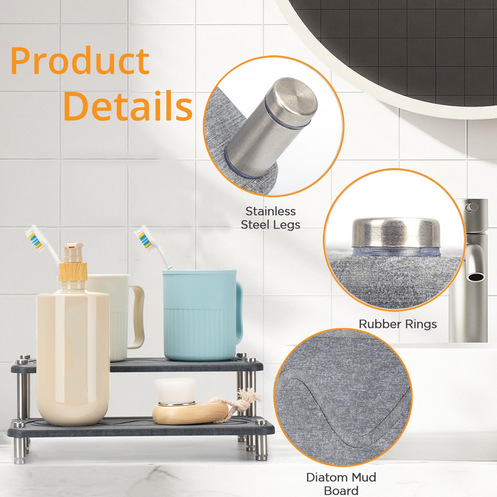 UHSSJUGA Bathroom Sink Drying Stone Caddy,Fast Drying Stone Sink Tray,Water Absorbing Stone Tray for Sink,Instant Dry Kitchen Sink Organizer,Counter Soap Sponge Holder (2 Tier,Grey)