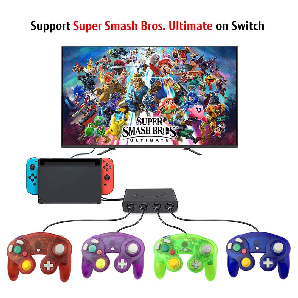 Reiso 4 Pack Controllers for Game Cube, with 4 Game Cube Extension Cables and 4-Port Game Cube Adapter for Switch PC Wii U Console