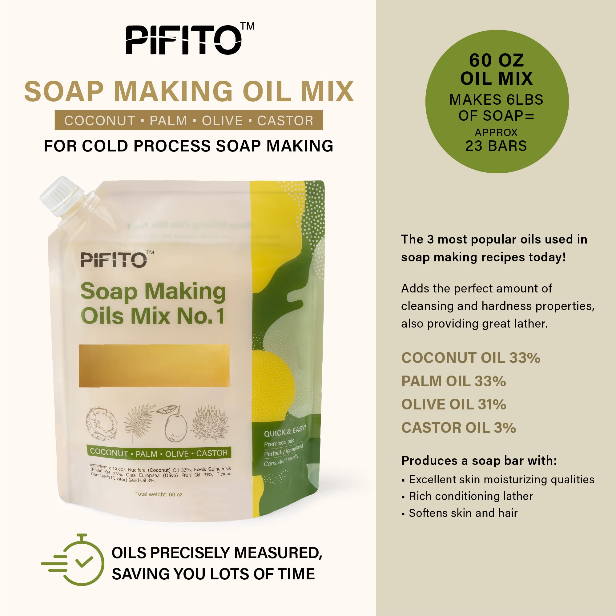 Pifito Cold Process Soap Making Kit β Oils Mix No. 1 60 Oz Blend of Pre-Measured Oils, 8-Pack Colorants Sampler, Mold and Instructions. DIY Soap Making Supplies