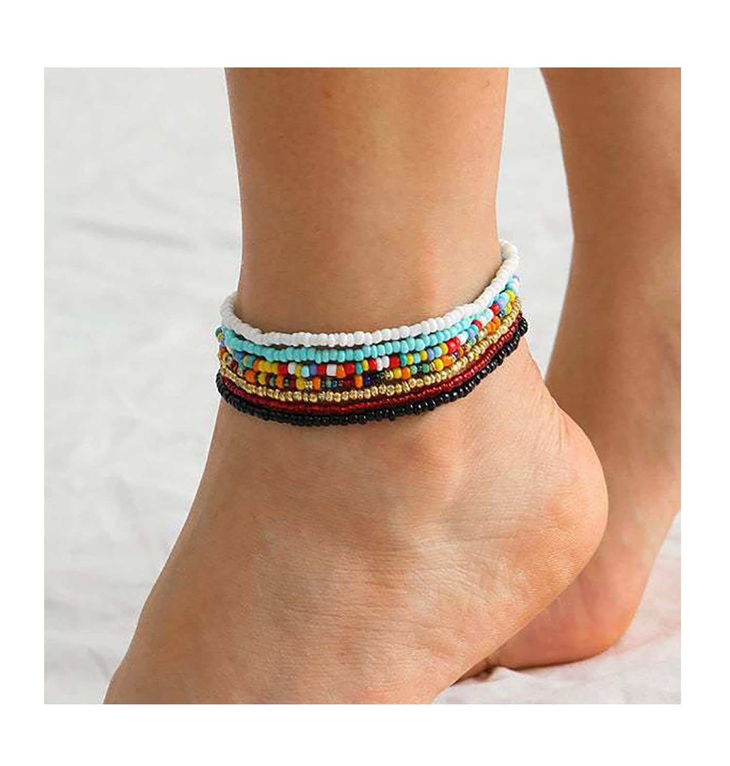 VFlowee Boho Handmade Beaded African Anklets Multicolor Women Stretch Seed Beads Rainbow Ankle Bracelets Glass Bead Bracelet Elastic Foot and Hand Chain Jewelry (7PCS)