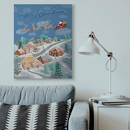 Stupell Industries Merry Christmas Santa Sleigh Scene Blue Green Holiday Illustration Canvas, 36 x 48, Multi-Color
