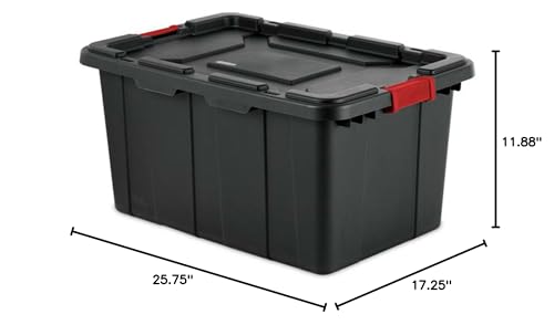 Sterilite 15 Gal Industrial Tote, Stackable Storage Bin with Latching Lid, Plastic Container with Heavy Duty Latches, Black Base and Lid, 12-Pack