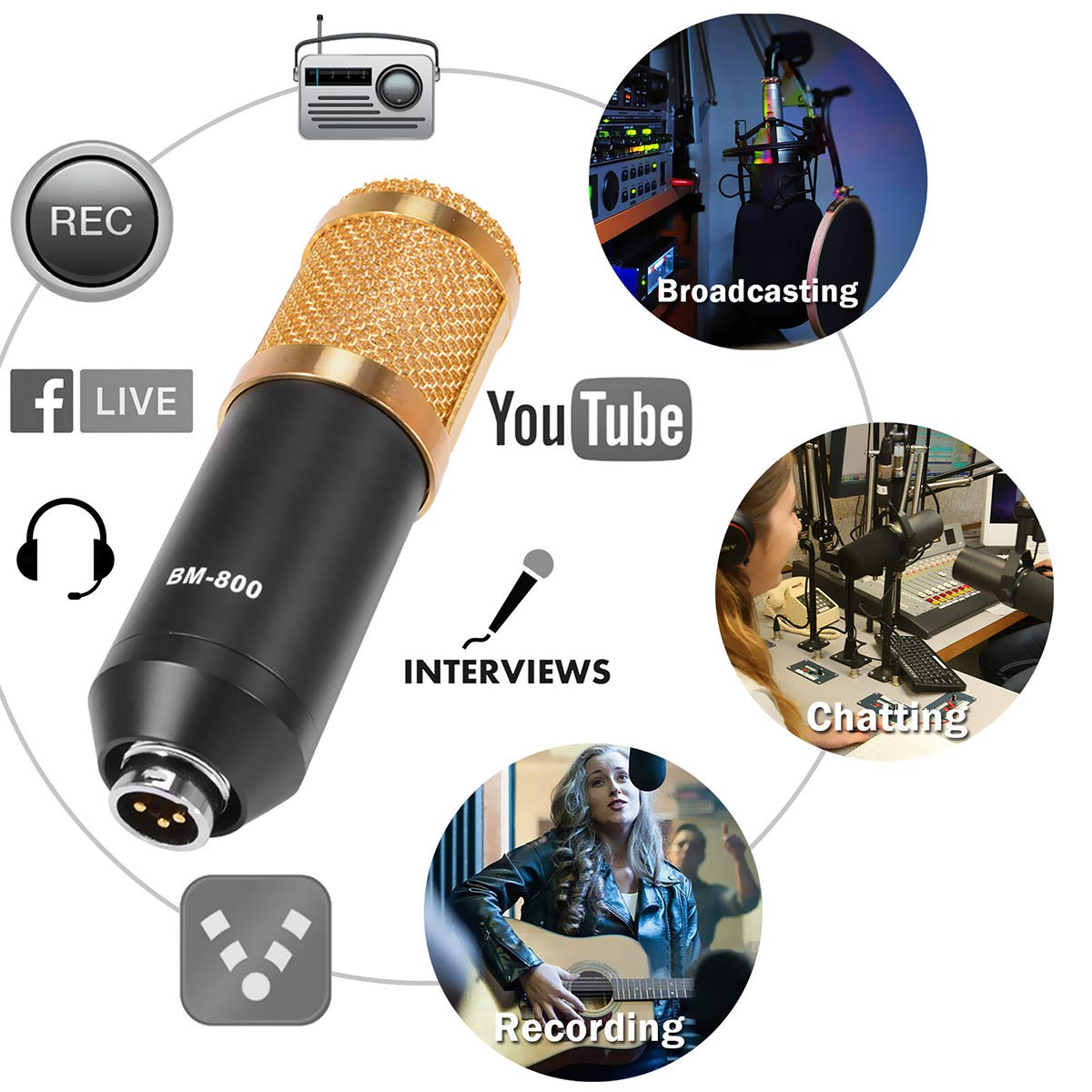 Solar-Power Condenser Microphone, Professional Studio Broadcasting Recording Mic with Adjustable Microphone Suspension Scissor Arm Stand Shock Mount, Mounting Clamp Kit and USB Audio Adapter, BM-800