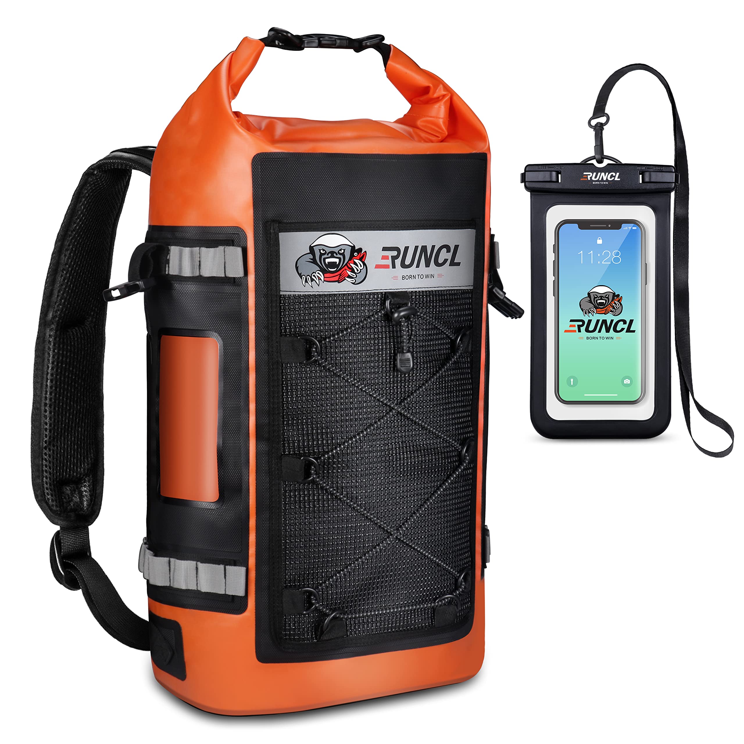 RUNCL Waterproof Backpack, 30/40/55L Roll-Top Closure Dry Bag, with Side Zippered Pocket and Cushioned Padded Back Panel, IPX8 Waterproof Phone Case Included