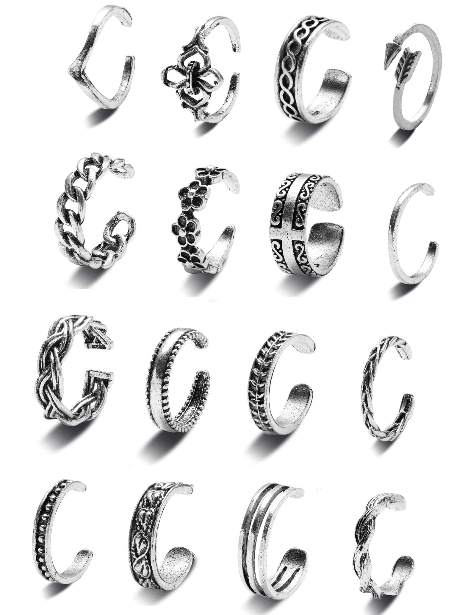 Tornito 16 Pcs Open Toe Ring Adjustable Band Tail Ring Vintage Retro Knuckle Ring Foot Jewelry For Women