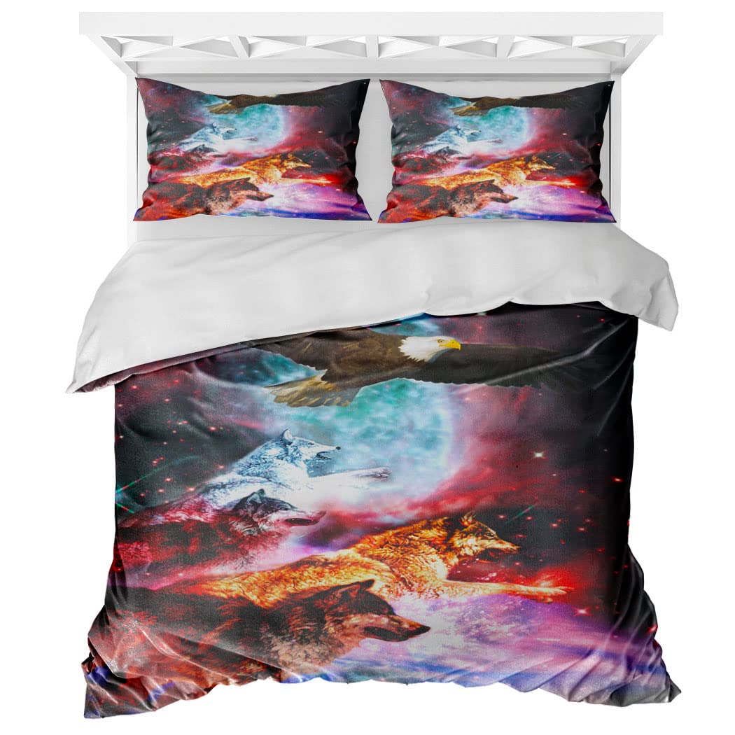 SCXHEN Duvet Cover Set Twin Size 2 Pieces Galaxy Starry Space 3D Outer Sky Star Printed Eagle Wolves Mars Cute Bedding (1 Comforter Cover 68"x90" with 1 Pillow Sham)