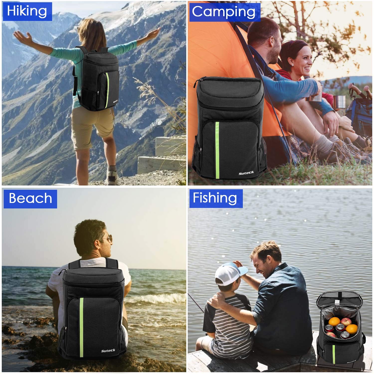 Suteck 40 Cans Insulated Cooler Backpack, Leakproof Lightweight Soft Cooler Bag Backpack 34L Large Capacity for Men Women to Lunch Picnic Hiking Camping Beach Park Day Trips (Black)