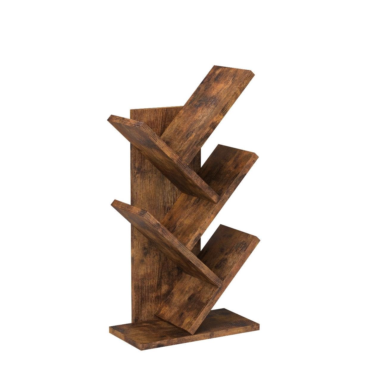 Topfurny Tree Bookshelf, 4-Tier Book Storage Organizer Shelves Floor Standing Bookcase, Wood Storage Rack for Office Home School Shelf Display for Cd/Magazine/Book - Rustic Brown