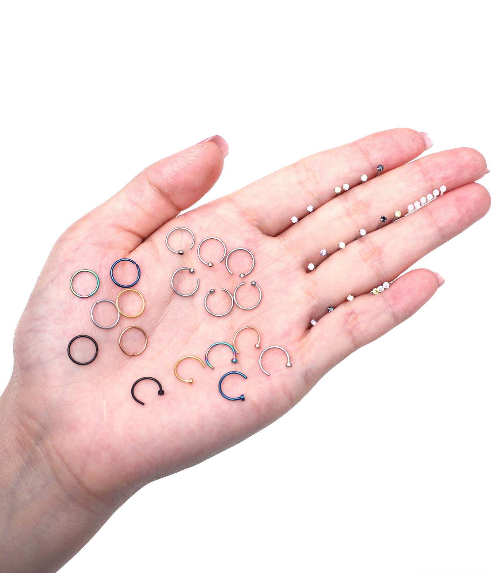 Tornito 20G 42Pcs Stainless Steel Nose Rings Nose Studs Set L-Shaped Bone Curved Nose Stud Piercing Helix Cartilage Tragus Hoop Rings Body Piercing Jewelry for Men and Women 8mm