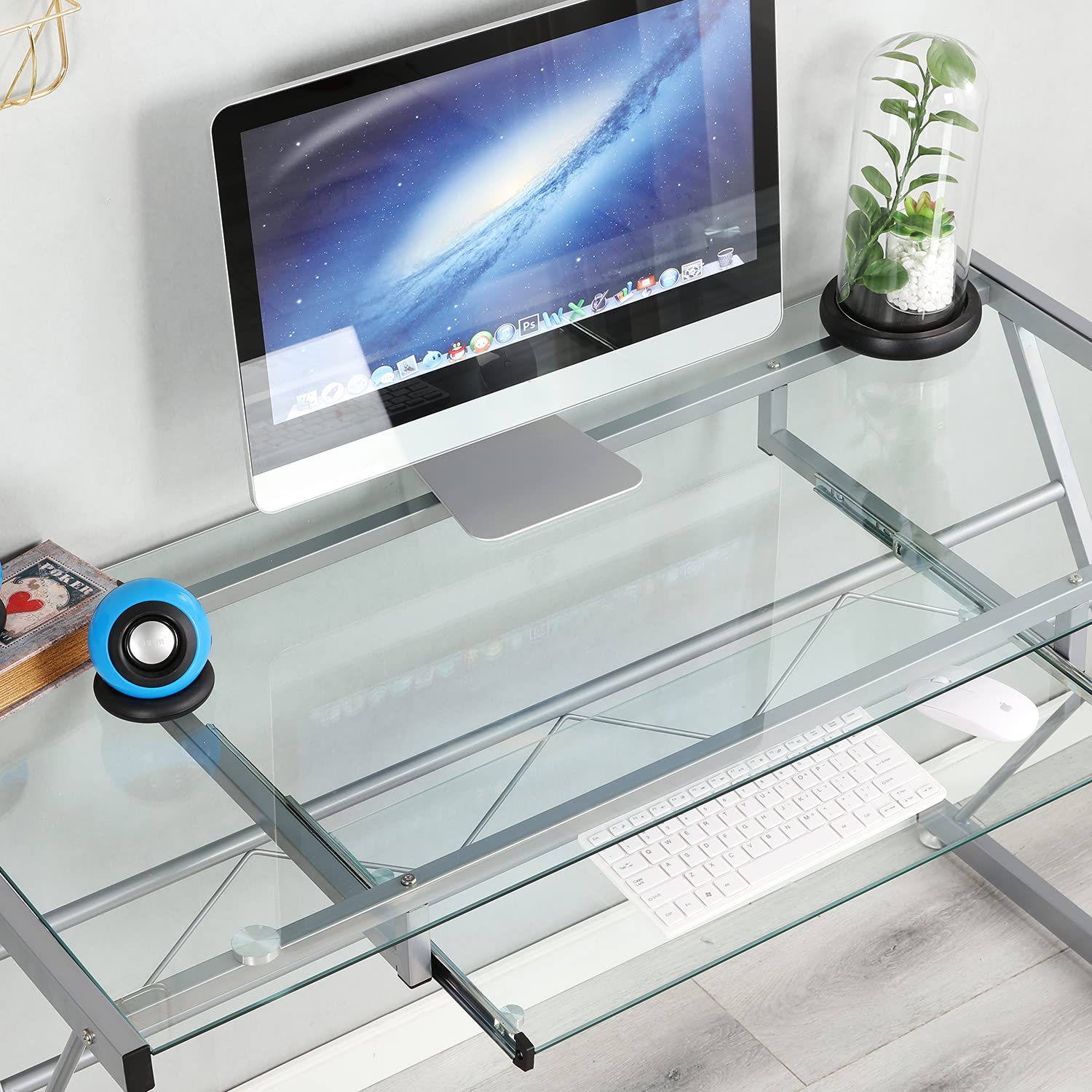 soges Computer Desk 47.2inch Glass Desk Workstation Office Desk with Pullout Keyboard Tray,Clear UT-093