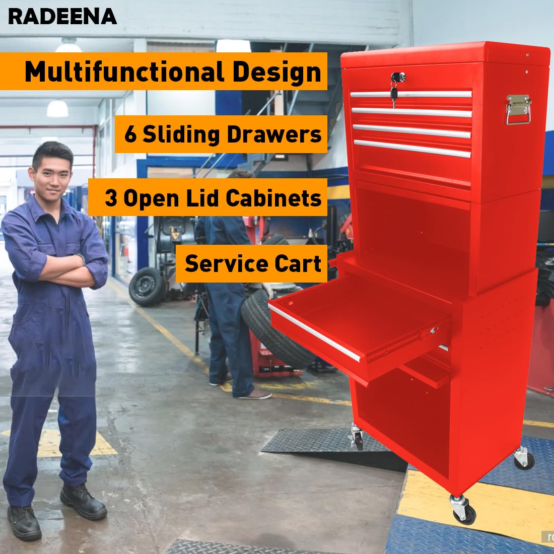 Rolling Tool Chest High Capacity Tool Storage 9 Drawers 3 in 1 Cabinets Mechanic Tool Cart with Auto Locking System Tool Box Organizer Lockable Wheels Detachable Top for Workshop (RED)
