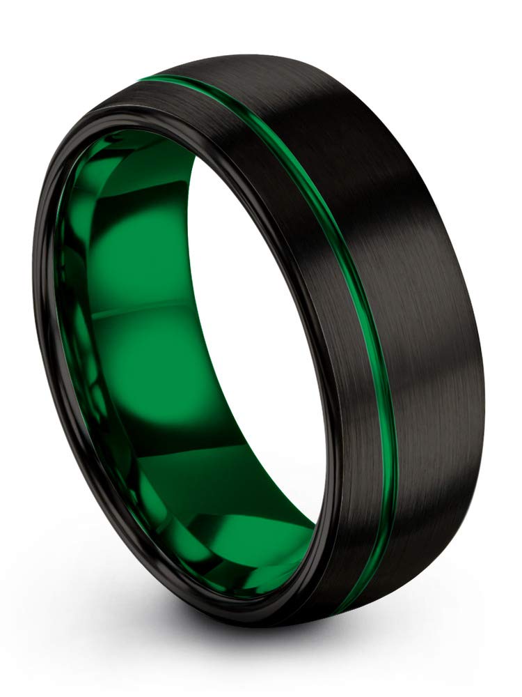 P. Manoukian Tungsten Carbide Wedding Band Ring 8mm for Men Women Green Interior with Green Offset Line Dome Black Brushed Polished Comfort Fit Anniversary Size 9.5
