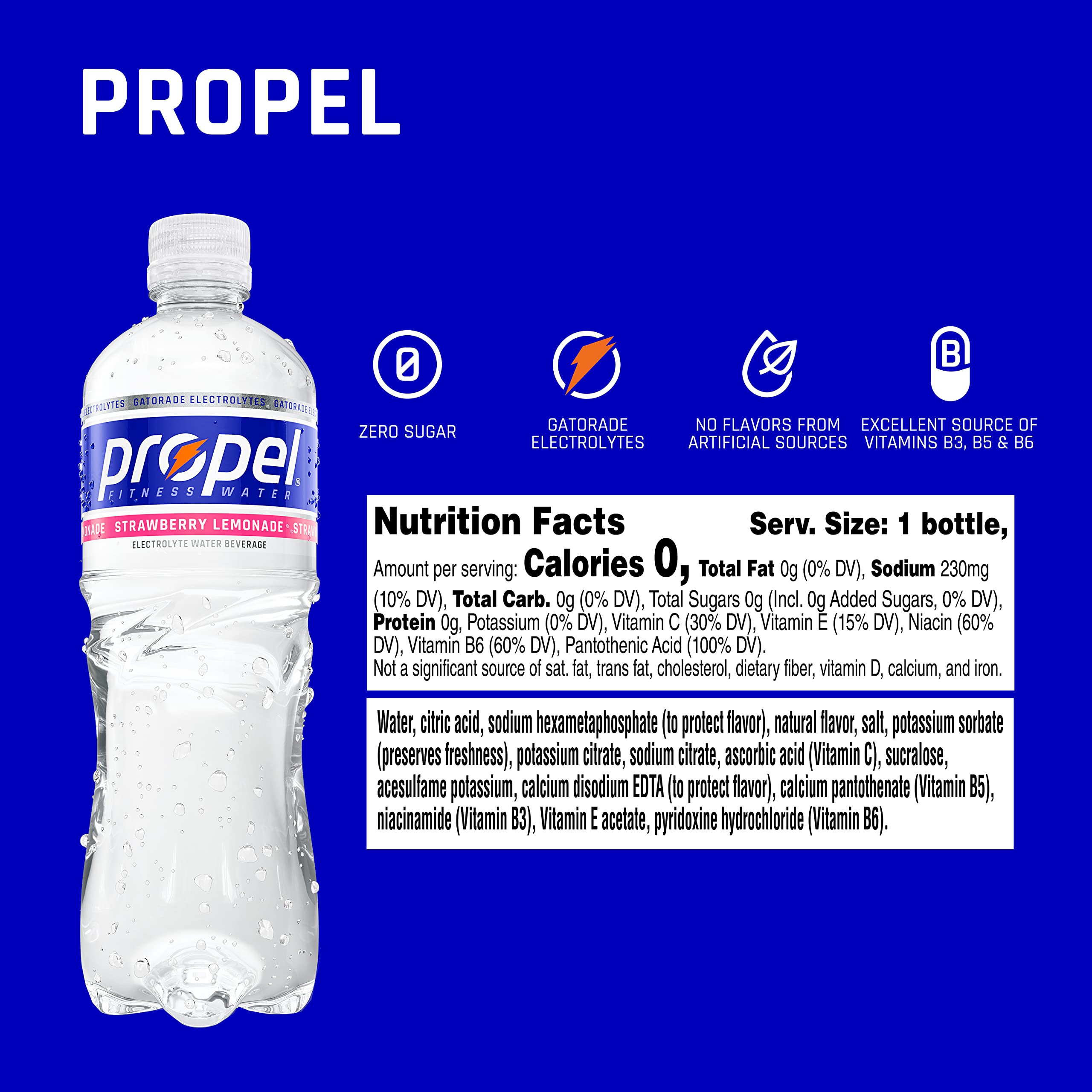Propel, Strawberry Lemonade, Zero Calorie Sports Drinking Water with Electrolytes and Vitamins C&E, 16.9 Fl Oz (Pack of 12)