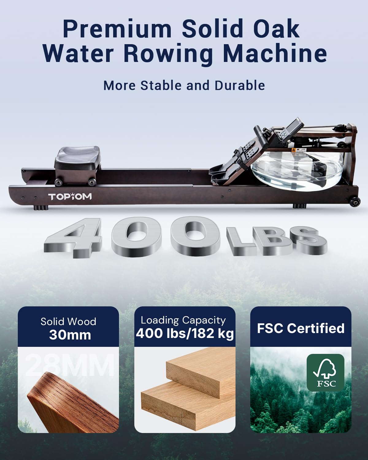 TOPIOM Water Rower Rowing Machine with TM-3 Performance Monitor, Walnut Veneer Over Oak Wood with 400 lbs Max Capacity