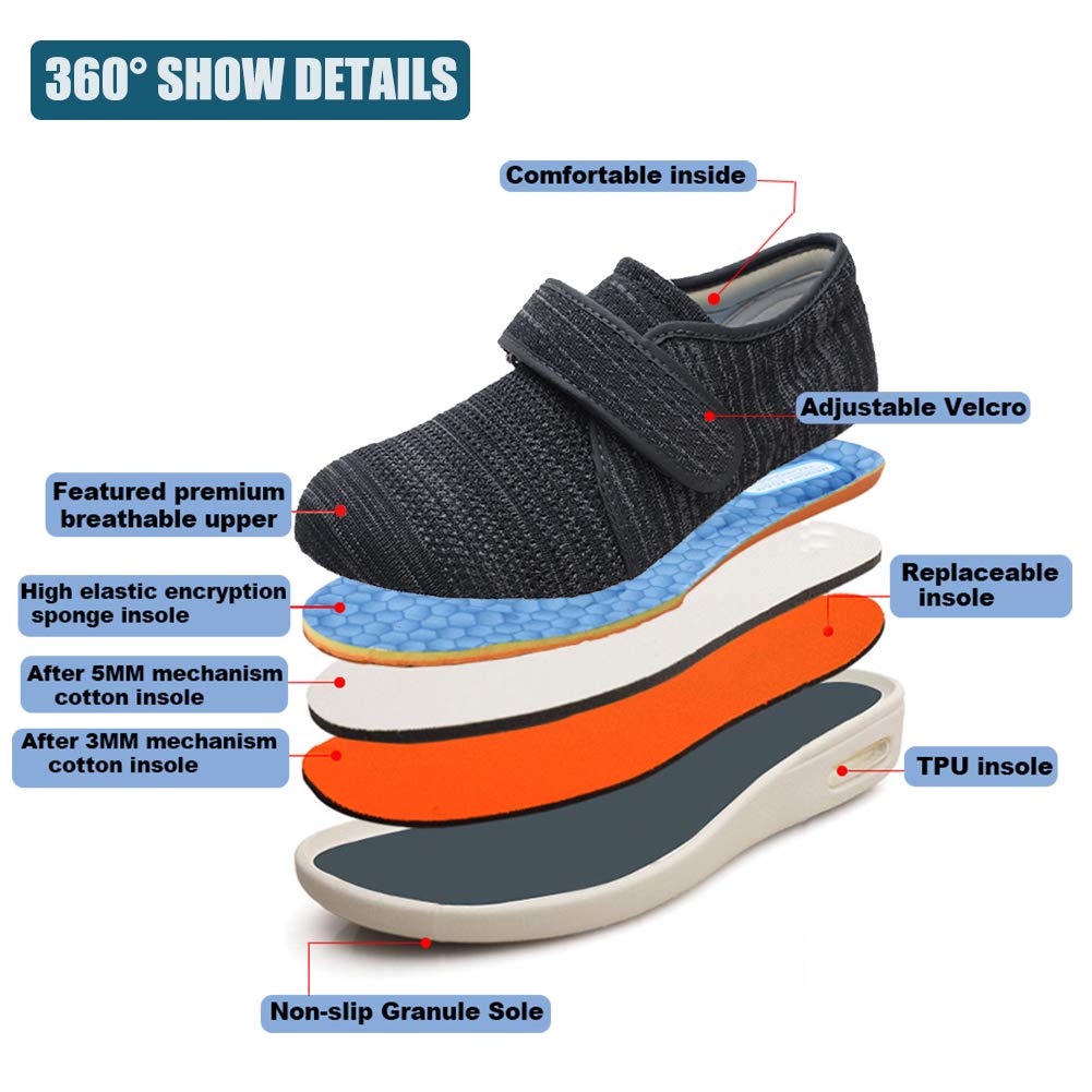 W&Le-Slippers Women's Wide Width Walking Shoes with Adjustable Closures, Air Cushion Breathable Mesh Sneakers for Elderly Diabetic Edema Swollen Feet(BK-GY,7) Black-Grey