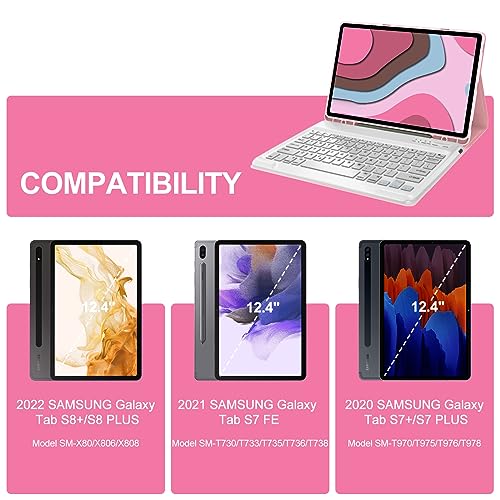 Samsung Galaxy Tab S7 FE (5G)/S8 Plus/S7 Plus Case with Keyboard, Detachable Wireless Bluetooth Keyboard, Protective Stand Cover, Smart Folio Case with S Pen Holder for Tablet S8 +/S7 FE/S7+ 12.4 inch
