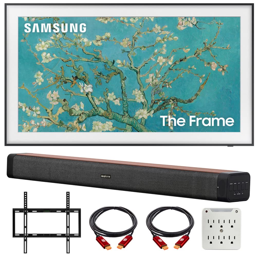 SAMSUNG QN32LS03CB 32 inch The Frame QLED HDR 4K Smart TV Bundle with Deco Gear 60W 2.0 Channel Soundbar, 19-45 inchTV Wall Mount Bracket Bundle and 6-Outlet Surge Adapter (2023 Model)