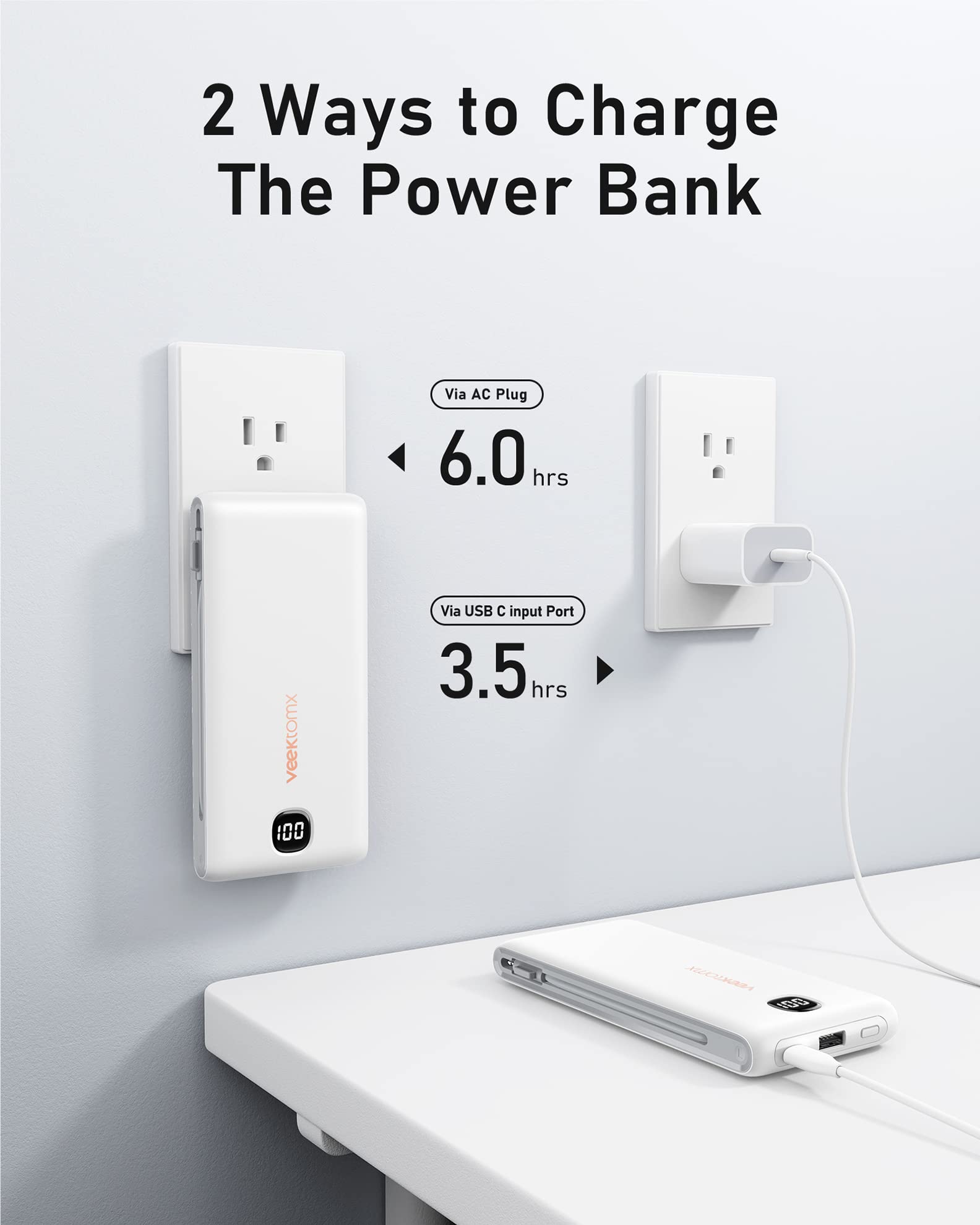 VEEKTOMX Power Bank with Built in Cables 22.5W 10000mAh, Portable Charger for iPhone with AC Wall Plug, Fast Charging USB C Slim iPhone Charger with LED Display Compatible with iPhone15/14/13, Samsung