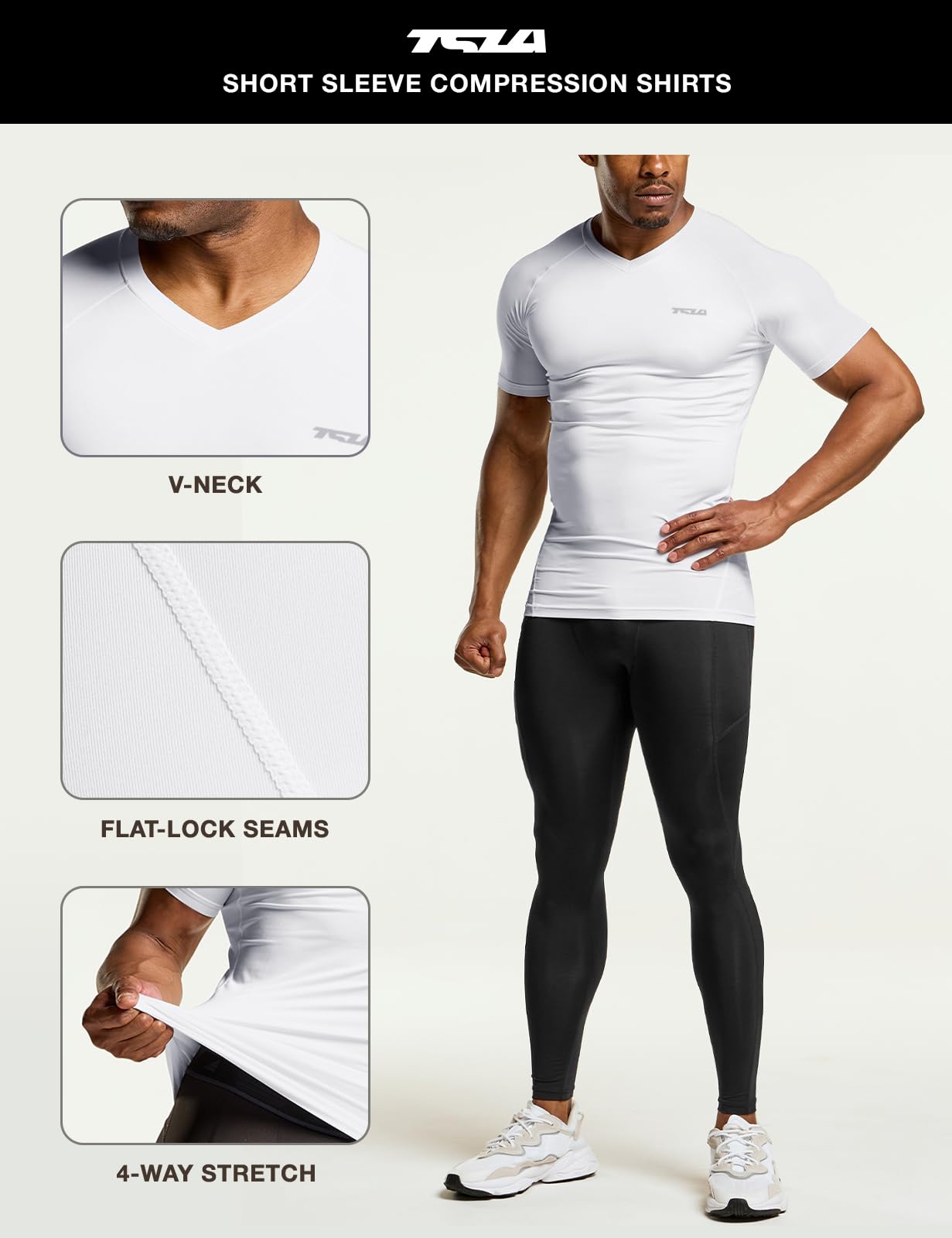 TSLA Men's Tactical Cool Dry Short Sleeve Compression Shirts, Athletic Workout Shirt, Active Outdoor Base Layer T-Shirts, V Neck Shirt White, Large