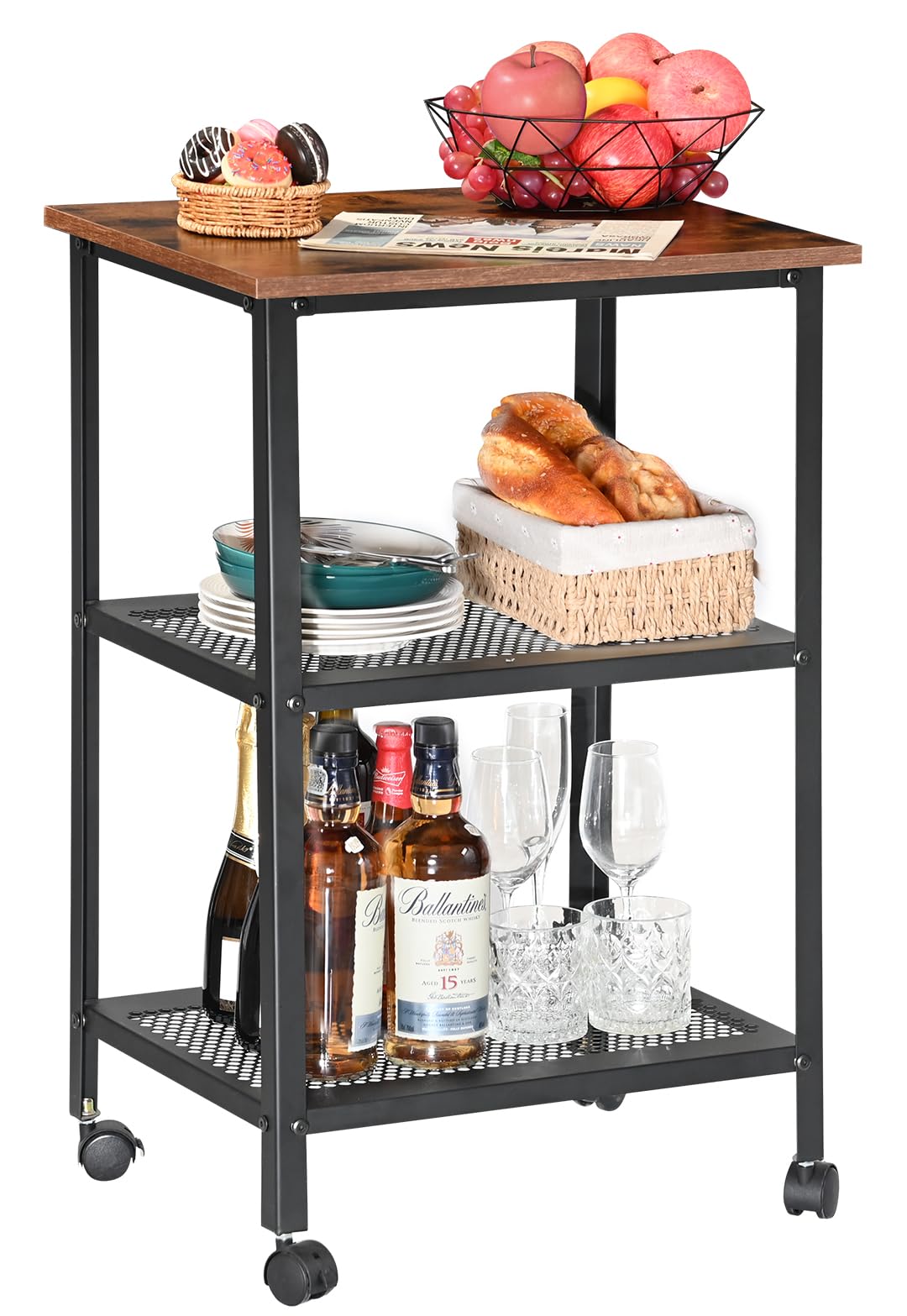 RokiaTek Bar Serving Cart Rolling Kitchen Cart on Wheels 3-Tier Storage Cart with Lockable Wheels, Standing Baker's Racks with Shelves and Steel Frame, Rustic Brown and Black