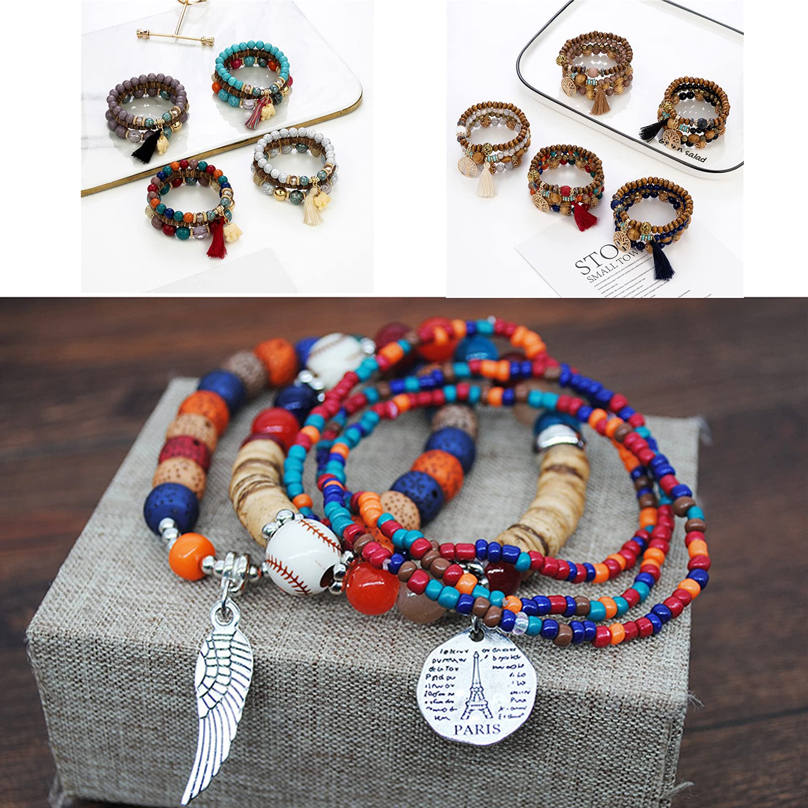WAINIS 9 Pack Bohemian Stackable Bead Bracelets for Women Elephant Tree of Life Wings Boho Stretch Multilayered Bracelet Set Multicolor Jewelry Bulk